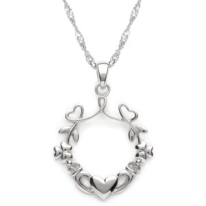 iceberry irish claddagh necklace 925 sterling silver - dainty leaf clover wreath pendant with chain 20" - good luck blessing shamrock charm - celtic jewelry for women