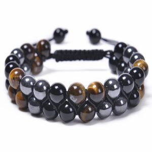 chrikidor,men and women triple protection bracelet,hematite obsidian and tiger's eye stone 10mm bead bracelet,adjustable,healing bracelets bring luck and prosperity