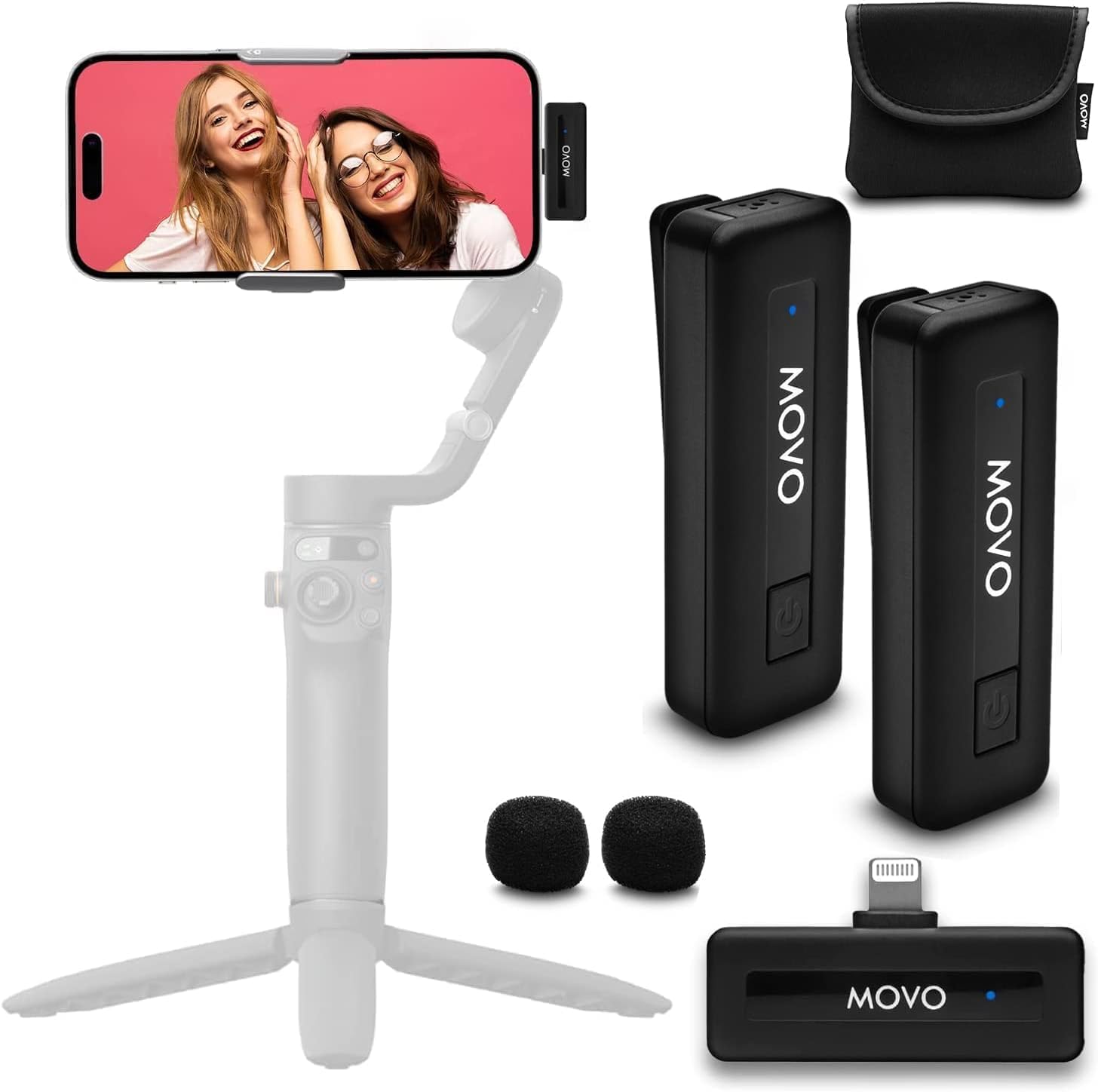 Movo Wireless Mini DI Duo Wireless Microphone for iPhone - iPhone Microphone for Video Recording with Clip on Lavalier Microphone for iPhone 10 HR Battery 164FT Range, Wireless Mic for iPhone