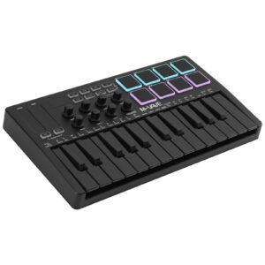 m-wave 25 key usb midi keyboard controller with 8 backlit drum pads, bluetooth semi weighted professional dynamic keybed 8 knobs and music production,software included (black)