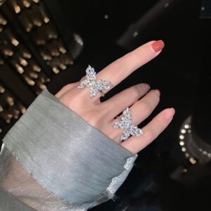 Sparkling Crystal Butterfly Open Statement Rings for Women Rhinestone CZ Engagement Promise Ring Eternity Anniversary Wedding Band Adjustable Finger Band Dainty Jewelry Gifts