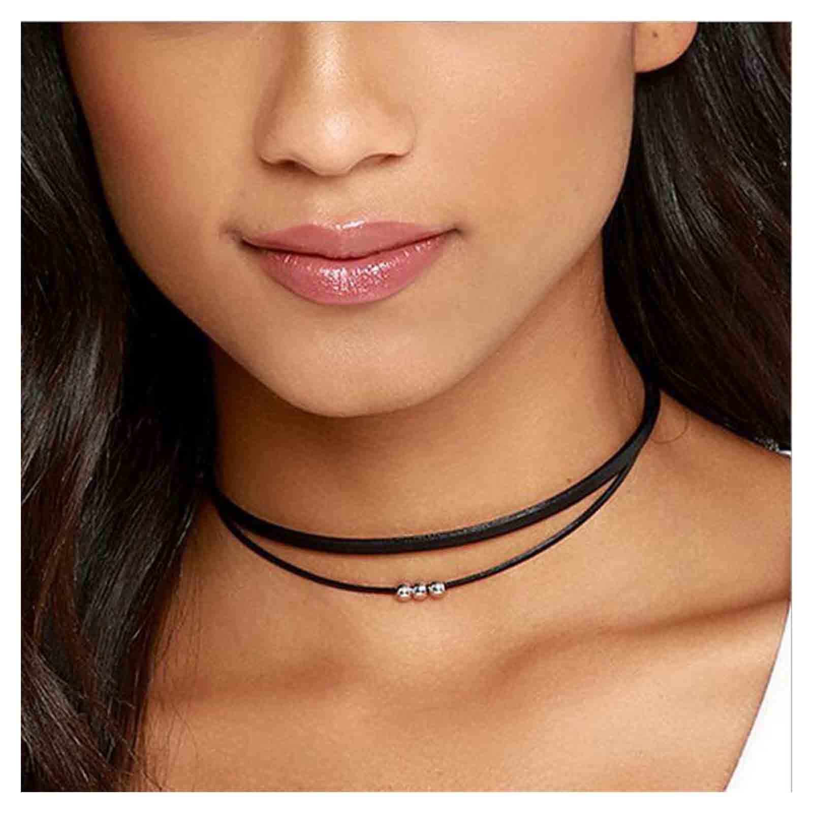 Yheakne Boho Layered Suede Choker Necklace Short Black Velvet Choker Necklace Vintage Leather Necklace Silver Bead Collar Necklace Chain Jewelry for Women and Girls