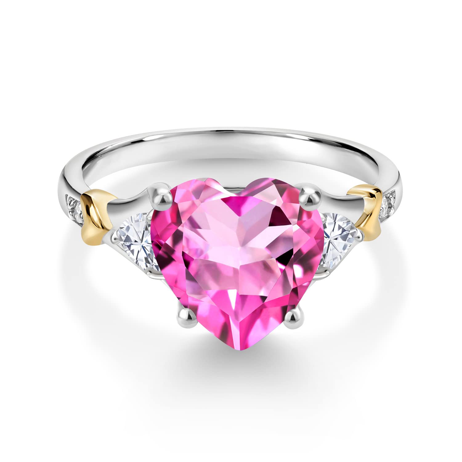 Gem Stone King 925 Silver and 10K Yellow Gold Pure Pink Mystic Topaz White Moissanite and White Diamond Ring For Women (4.84 Cttw, Heart Shape 10MM, Size 6)