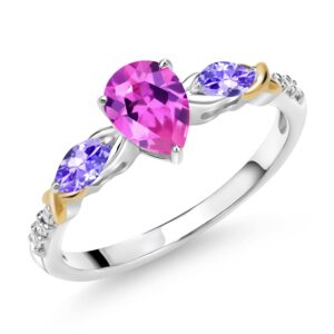 gem stone king 925 silver 10k yellow gold pear shape pink created sapphire blue tanzanite and white lab grown diamond engagement ring for women (1.35 cttw, gemstone september birthstone, size 9)