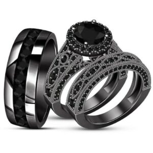 14k black gold over round cut black diamond 925 sterling silver diamond engagement wedding trio ring set for his & her