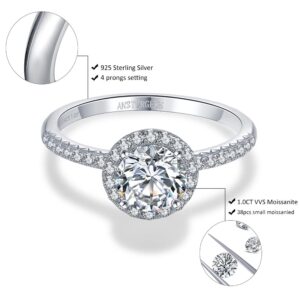 ANSTERGEMS Moissanite Ring 1CT D VVS Moissanite 925 Silver Halo Statement Ring Engagement Wedding For Women