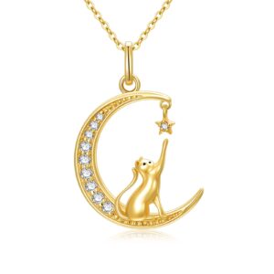 sisgem 14k real gold moon cat necklace for women, delicate gold cat star crescent moon pendant anniversary jewelry gift for her,wife, mom, girl 18"