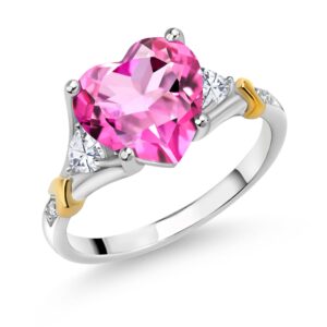 gem stone king 925 silver and 10k yellow gold pure pink mystic topaz white moissanite and white diamond ring for women (4.84 cttw, heart shape 10mm, size 6)