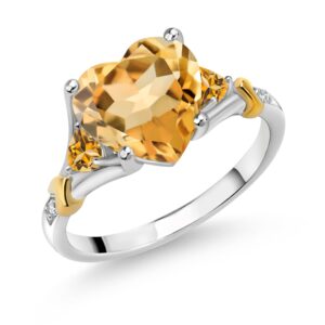 gem stone king 925 silver and 10k yellow gold yellow citrine and white diamond engagement ring for women | 3.55 cttw | heart shape 10mm | gemstone november birthstone | size 8