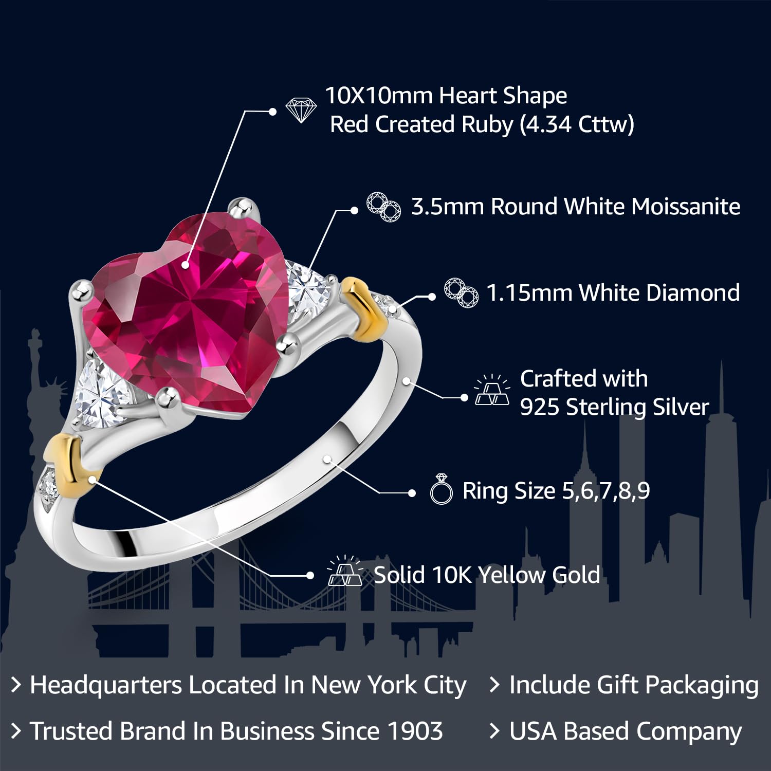 Gem Stone King 925 Silver and 10K Yellow Gold 10MM Heart Gemstone Birthstone White Moissanite and White Diamond Engagement Ring For Women | Available in Size 5,6,7,8,9