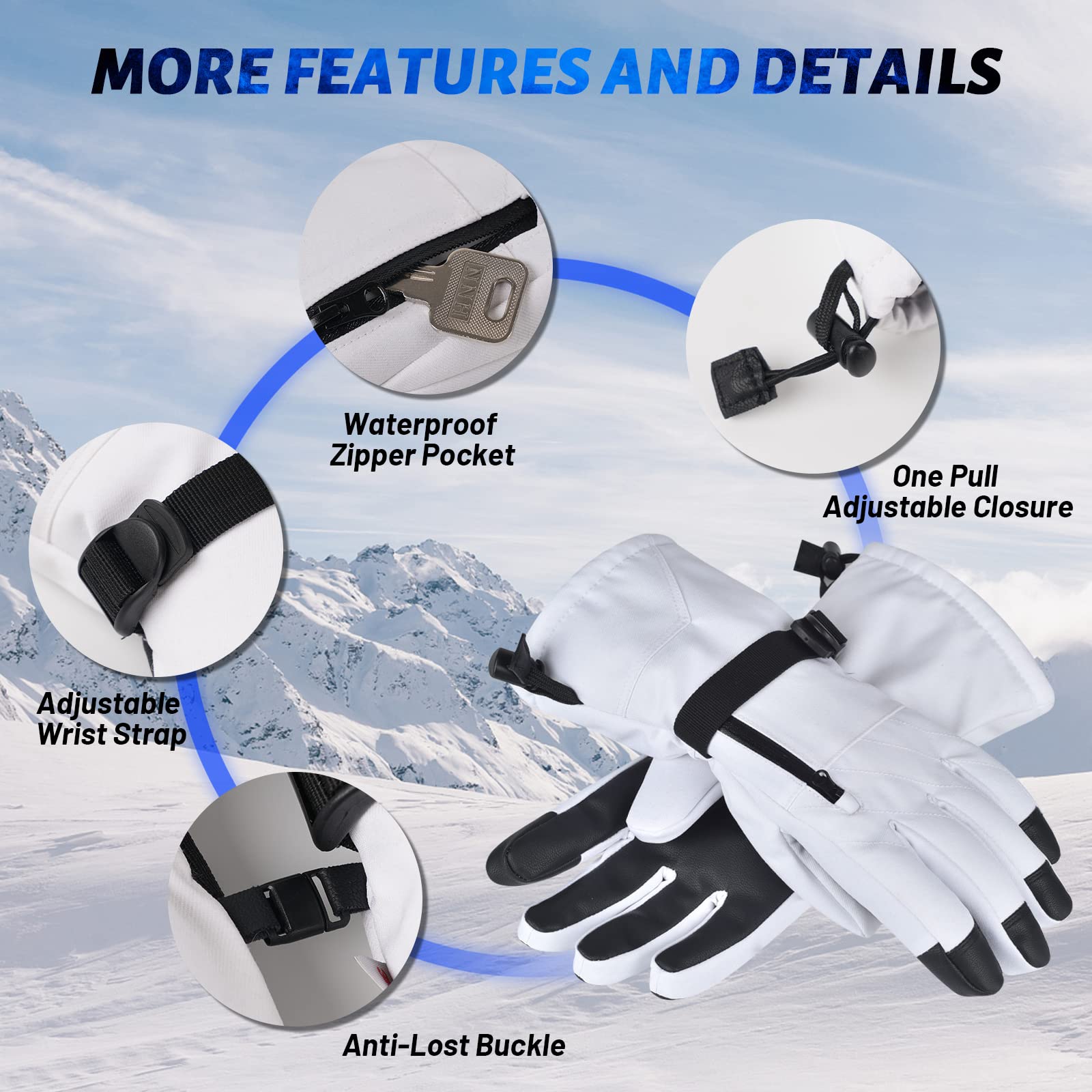 Ski Gloves Waterproof Touchscreen for Men Women Winter Snow Snowboard Gloves Warm Thermal 3M Thinsulate Insulated White Snowmobile Gloves with Pocket for Extreme Cold Weather Outdoor Windproof Large