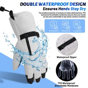 Ski Gloves Waterproof Touchscreen for Men Women Winter Snow Snowboard Gloves Warm Thermal 3M Thinsulate Insulated White Snowmobile Gloves with Pocket for Extreme Cold Weather Outdoor Windproof Large