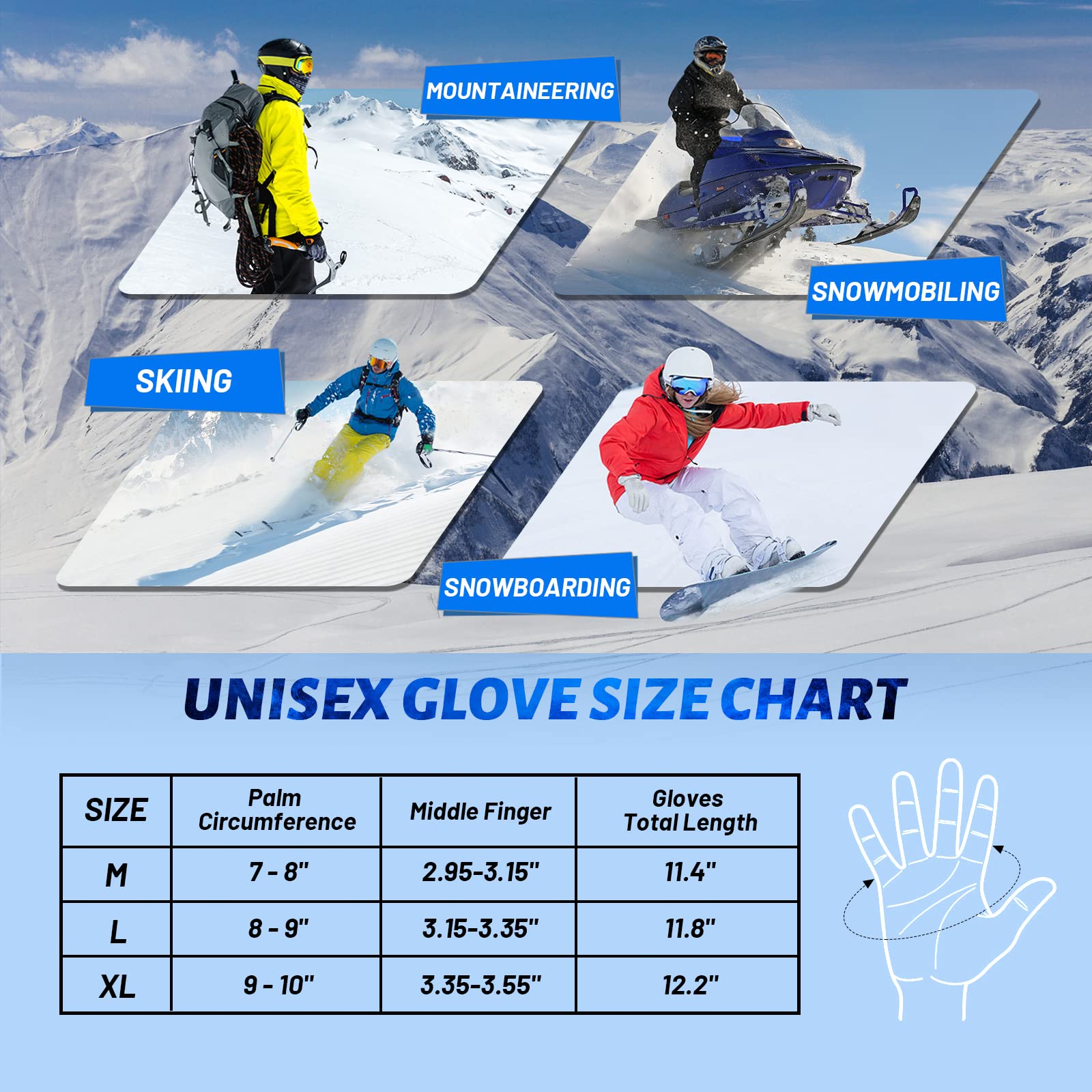 Ski Gloves Waterproof Touchscreen for Men Women Winter Snow Snowboard Gloves Warm Thermal 3M Thinsulate Insulated White Snowmobile Gloves with Pocket for Extreme Cold Weather Outdoor Windproof Large