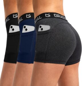 g gradual women's spandex compression volleyball shorts 3" /7" workout pro shorts for women (black/navy/charcoal pockets, medium)