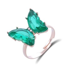 statement rings trendy gifts fashion colored crystal glass butterfly ring birthday for mother (color : green, size : adjustable)