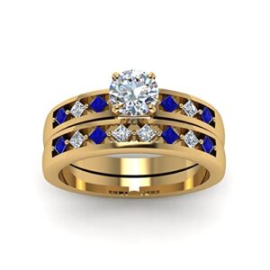 customizedgifts kite diamond ring setting with matching band yellow gold plated created blue sapphire round shape blue color wedding ring sets prong setting in size 8 fashion jewelry