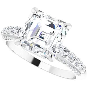 moissanite world 3.0 ct asscher cut colorless moissanite engagement ring, bridal ring set, solitaire halo style, solid sterling silver vintage antique anniversary promise ring (6.5)