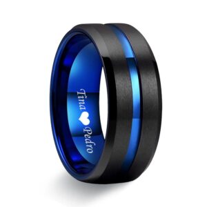 personalized matching promise rings for couples stainless steel black and blue wedding rings set for him and her engraved name rings for couples 8mm mens wedding band womens blue sapphire (men's ring)