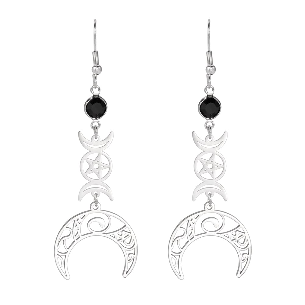 TEAMER Stainless Steel Crescent Goddess Black Birthstone Witches Knot Earrings Triple Moon Wicca Pentagram Gothic Celtic Knot Drop Earrings (Triple Moon - Steel)