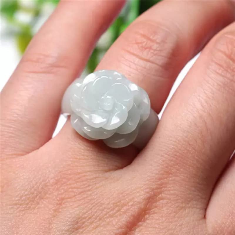 LSCZSLYH Trend Band Ring Natural Jade Stones Rings for Women Jewellery Emerald Rose Flower Hand-Carved Ladies Luxury Jewelry (Main Stone Color : White, Ring Size : 16mm-17mm)