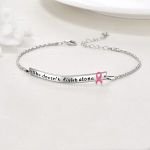 YFN Sterling Silver Pink Ribbon Bracelets Breast Cancer Awareness Gifts Motivational Bracelets Engraved She Doesn't Fight Alone