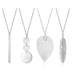 yqziyou 4 pcs long necklaces for women - fashion pendant necklace jewelry, silver bar feather circle leaf lock tassel y necklace jewelry set