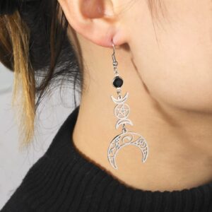 TEAMER Stainless Steel Crescent Goddess Black Birthstone Witches Knot Earrings Triple Moon Wicca Pentagram Gothic Celtic Knot Drop Earrings (Triple Moon - Steel)