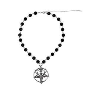 sacina goth baphomet choker necklace, black bead pentagram skull choker necklace, goth halloween jewelry gift for women, men