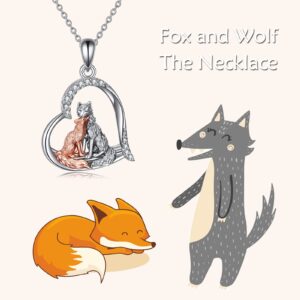 YAFEINI Fox and Wolf Necklace Gifts for Women Sterling Silver Kitsune Fox Love Heart Pendant Necklace Jewelry Gifts