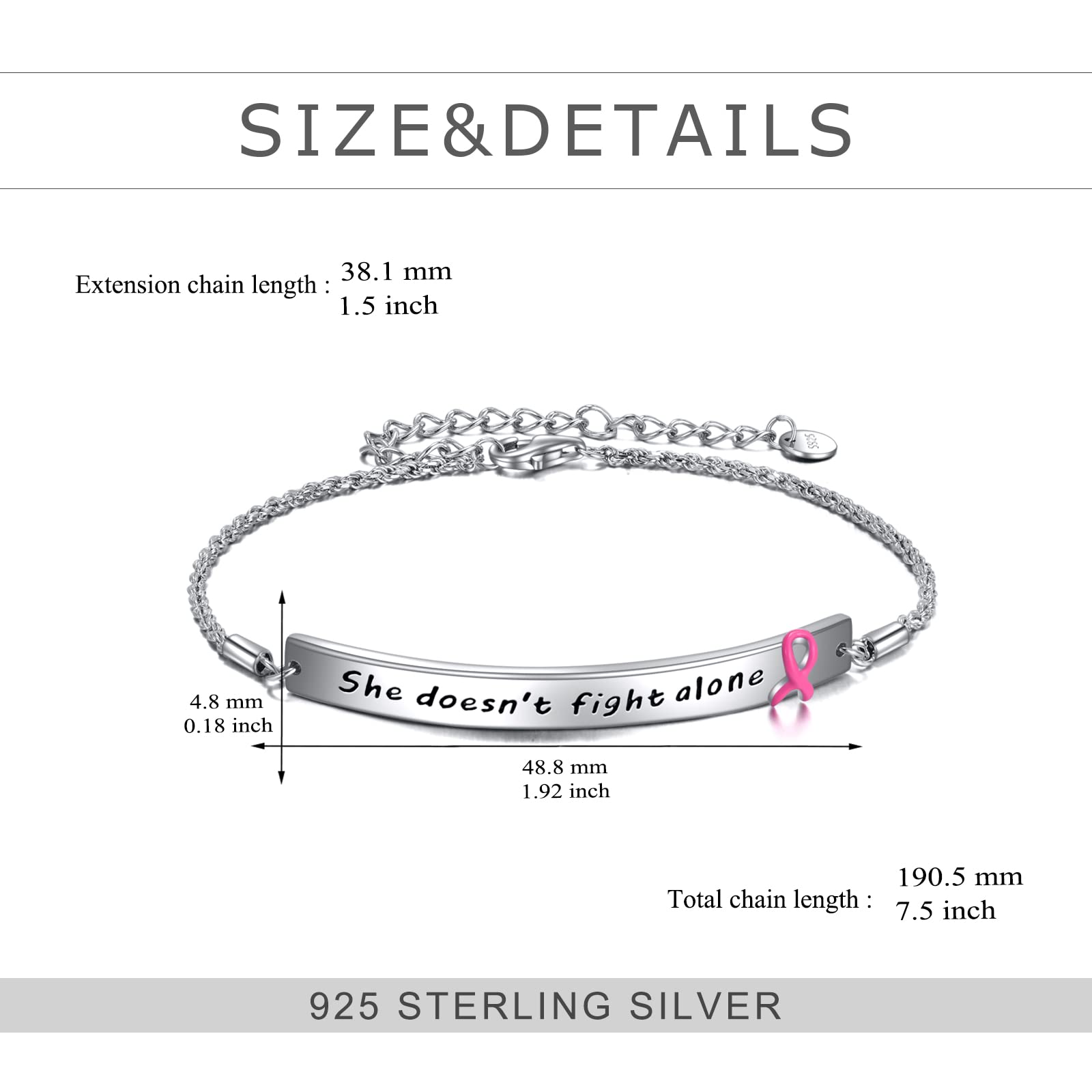 YFN Sterling Silver Pink Ribbon Bracelets Breast Cancer Awareness Gifts Motivational Bracelets Engraved She Doesn't Fight Alone