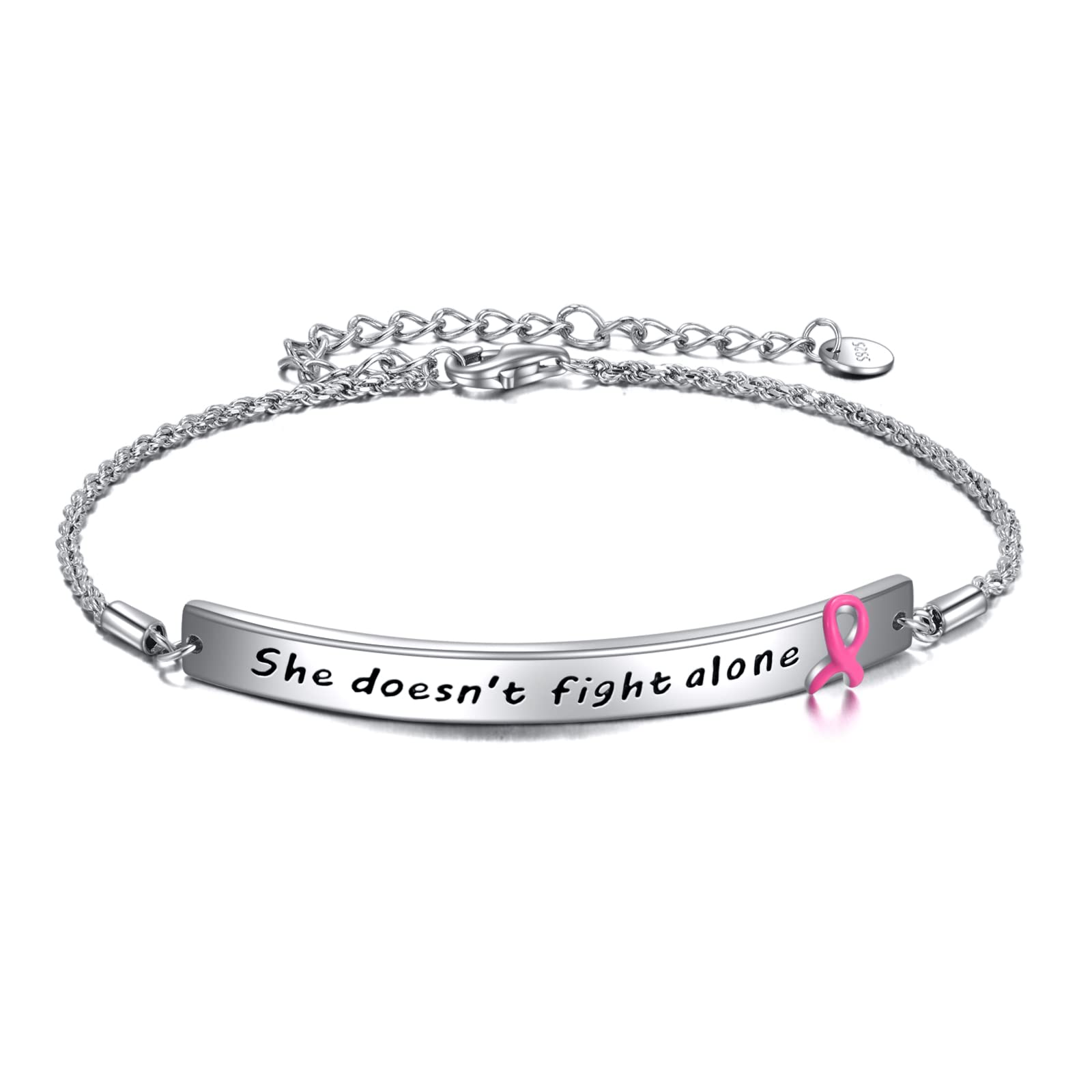 YFN Sterling Silver Pink Ribbon Bracelets Breast Cancer Awareness Gifts Motivational Bracelets Engraved She Doesn't Fight Alone