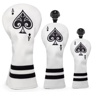 golf club headcovers 3pcs golf ace of spade driver fairway wood hybrid wood head cover - white (pu) leather golf club headcovers