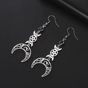 TEAMER Stainless Steel Crescent Goddess Black Birthstone Witches Knot Earrings Triple Moon Wicca Pentagram Gothic Celtic Knot Drop Earrings (Triple Moon - Steel)