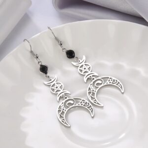 TEAMER Stainless Steel Crescent Goddess Black Birthstone Witches Knot Earrings Triple Moon Wicca Pentagram Gothic Celtic Knot Drop Earrings (Triple Moon - Steel)