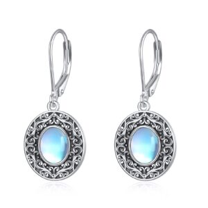 sterling silver floral moonstone earrings oval shaped drop dangle leverback earrings for women (filigree)