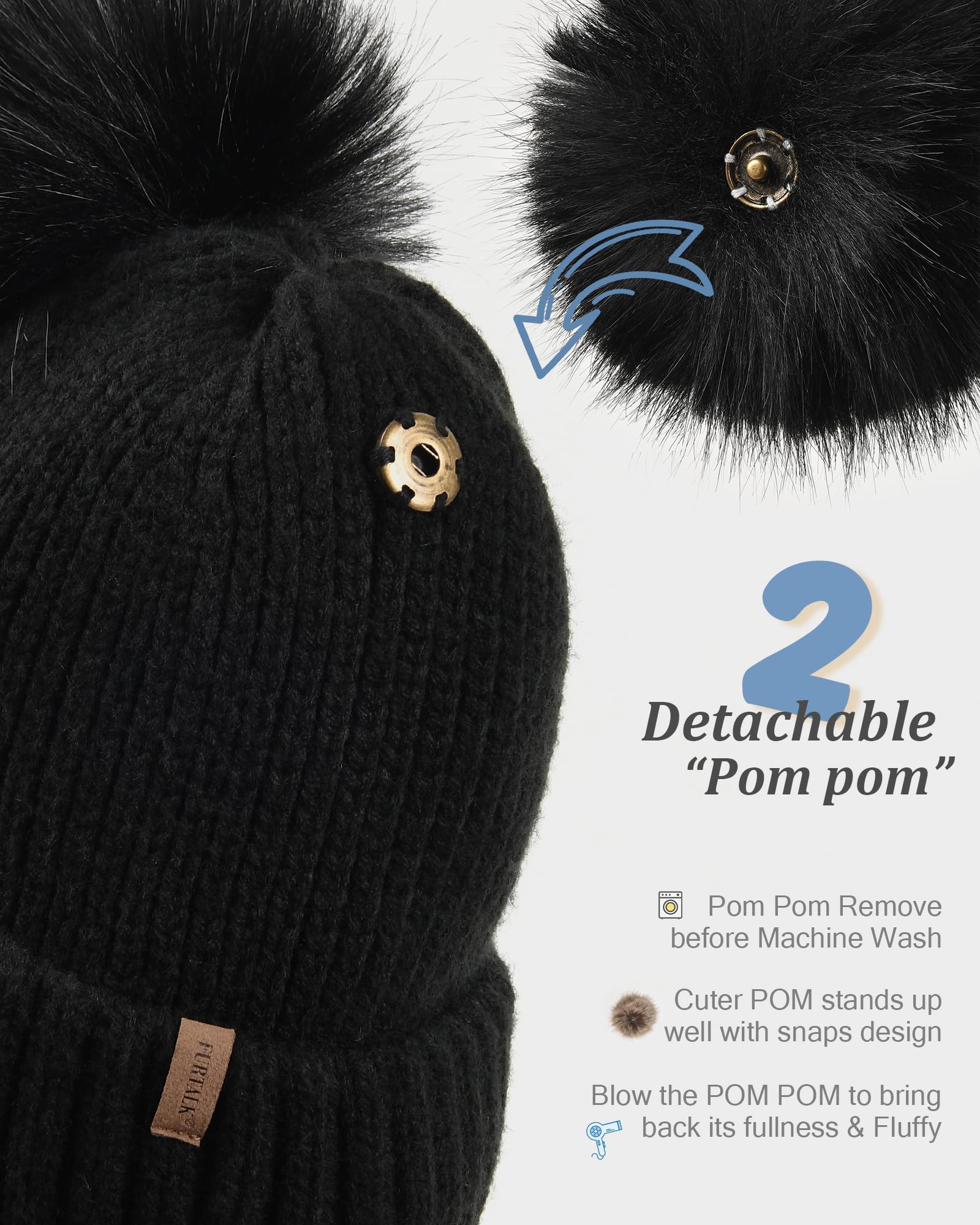 FURTALK Fleece Lined Cute Winter Beanie Hats for Women Girls Warm Knit Hats with Double Faux Fur Pom Poms