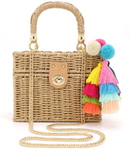 handwoven rattan bag for women-wicker woven square crossbody vintage chic casual beach boho tote bag with tassel ornaments(beige)