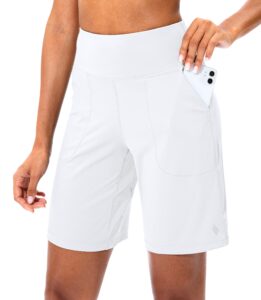 santiny bermuda shorts for women with zipper pocket womens high waisted long shorts for running workout athletic(white_s)