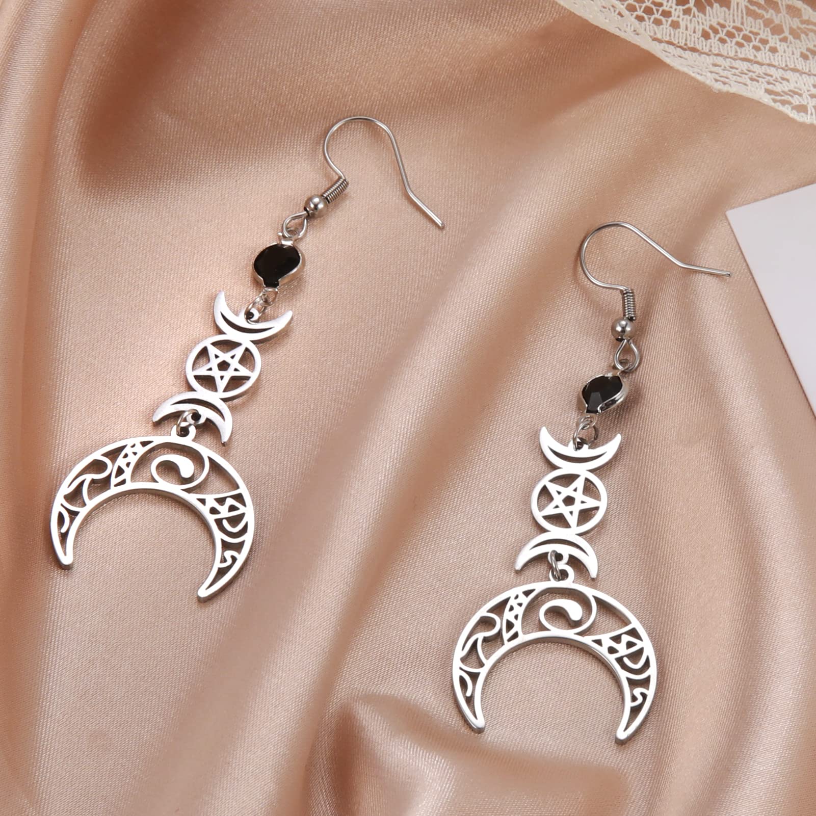 TEAMER Stainless Steel Crescent Goddess Black Birthstone Witches Knot Earrings Triple Moon Wicca Pentagram Gothic Celtic Knot Drop Earrings (Triple Moon - Steel)