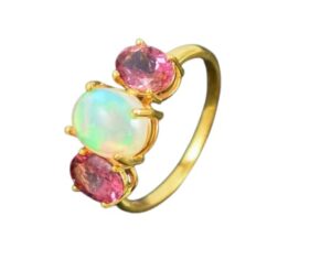 925 sterling silver gold plated natural ethiopian opal with pink zirconia gemstone ring jewelry (12.5)