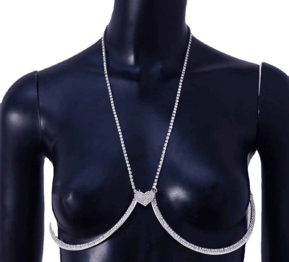 Rhinestone Chest Bracket Bra Chain Body Jewelry Heart Bikini Breast Body Chain for Women