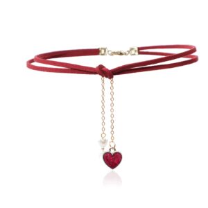 iuviwey Heart Choker Necklace for Women 2Pcs Double layer Red Chokers (Claret Red)