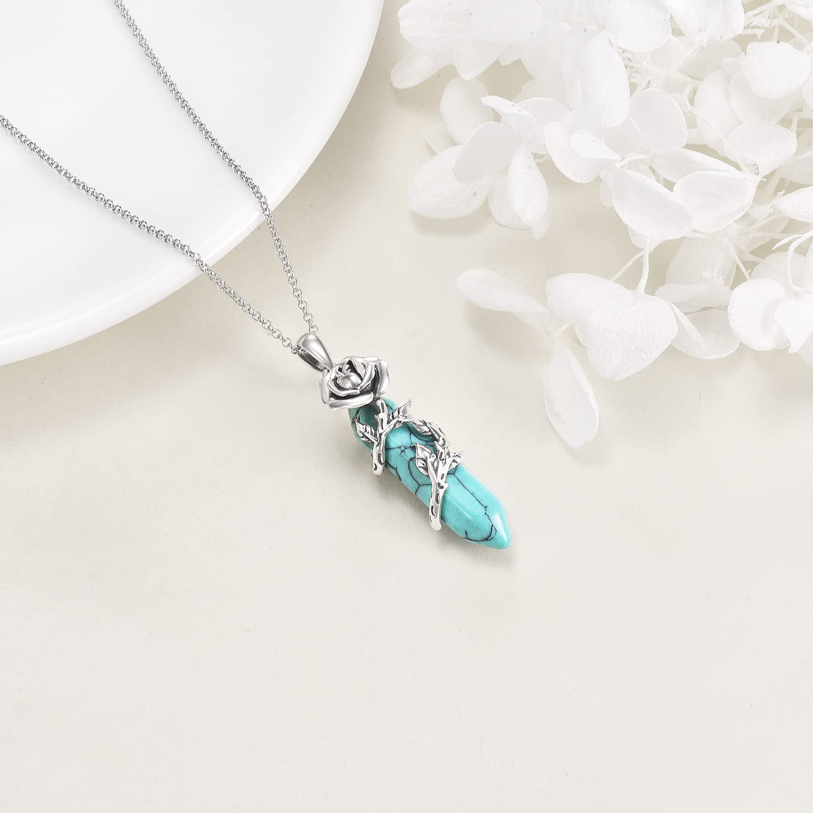 CRMAD Turquoise Necklace for Women Sterling Silver Quartz Healing Stone Crystal Pendant Mothers Day Jewelry Gifts