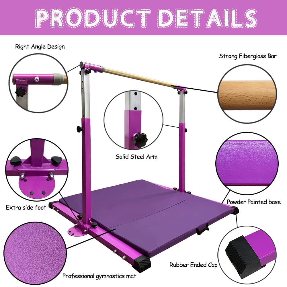 GBVUGY Gymnastics Kip Bar with Mat for Home Indoor Training,Horizontal Bar for Kids Girls Junior,Adjustable Arms from 3' - 5' Gym Equipment,1-4 Levels,300lbs Weight Capacity