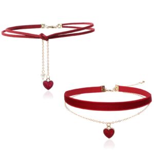 iuviwey heart choker necklace for women 2pcs double layer red chokers (claret red)