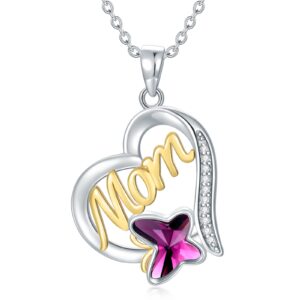 natural diamond mom heart necklace for women,925 sterling silver butterfly crystal pendant necklaces birthday gifts for mom wife 18"-20’’