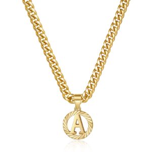 kissyan gold initial necklace,14k gold plated round letter pendant hollow capital monogram 5mm cuban chain necklace alhpabets from a-z dainty jewelry for women men(gold a)