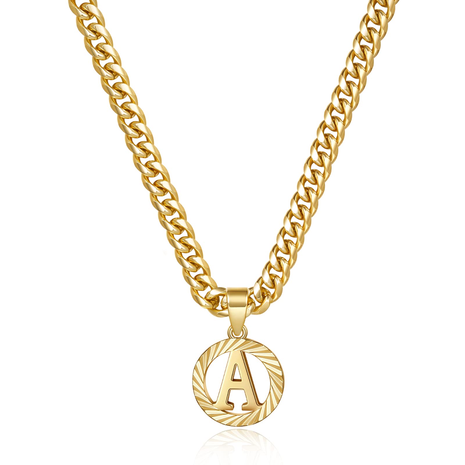 KissYan Gold Initial Necklace,14K Gold Plated Round Letter Pendant Hollow Capital Monogram 5mm Cuban Chain Necklace Alhpabets from A-Z Dainty Jewelry for Women Men(Gold A)