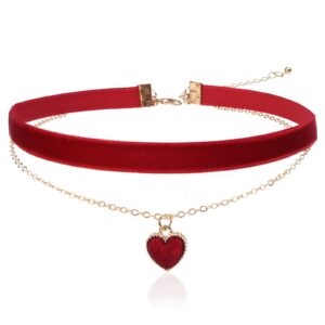 iuviwey Heart Choker Necklace for Women 2Pcs Double layer Red Chokers (Claret Red)