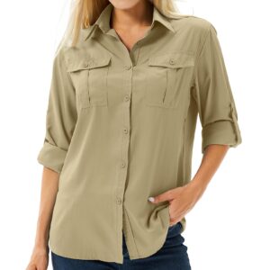 women's upf 50 long sleeve uv sun protection safari shirts outdoor quick dry fishing travel hiking shirts #5070-khaki-m